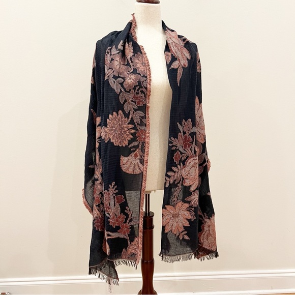 Chico's | Accessories | Chicos New Scarf Black Pink Textured Floral ...